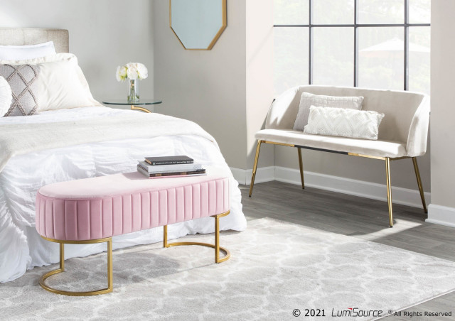 Demi Glam Pleated Bench, Gold Steel/Pink Velvet - Contemporary ...