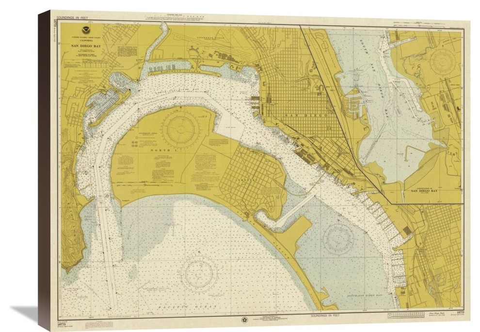 Nautical Chart, San Diego Bay 1974, Sepia Tinted, 16"x1.5"x12", 30"x1.5 ...
