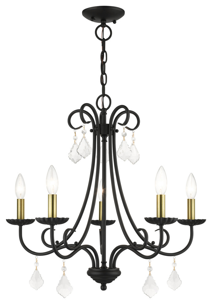 Daphne 5-Light Black Chandelier, Antique Brass Accents and Clear ...