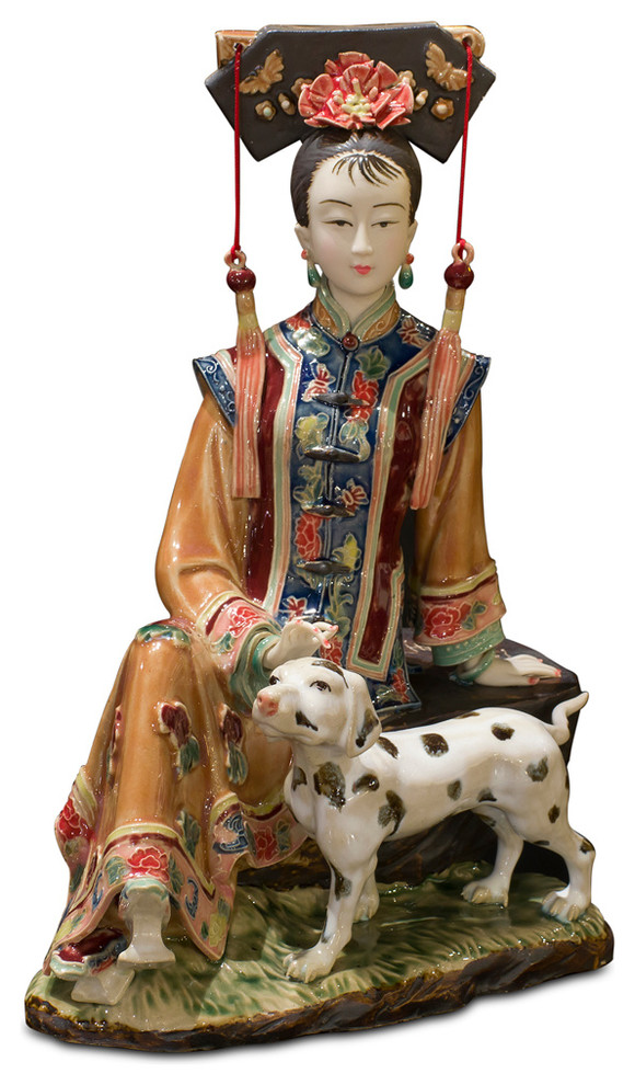Chinese Porcelain Figurine, Qing Dynasty Lady with Dalmatian - Asian ...