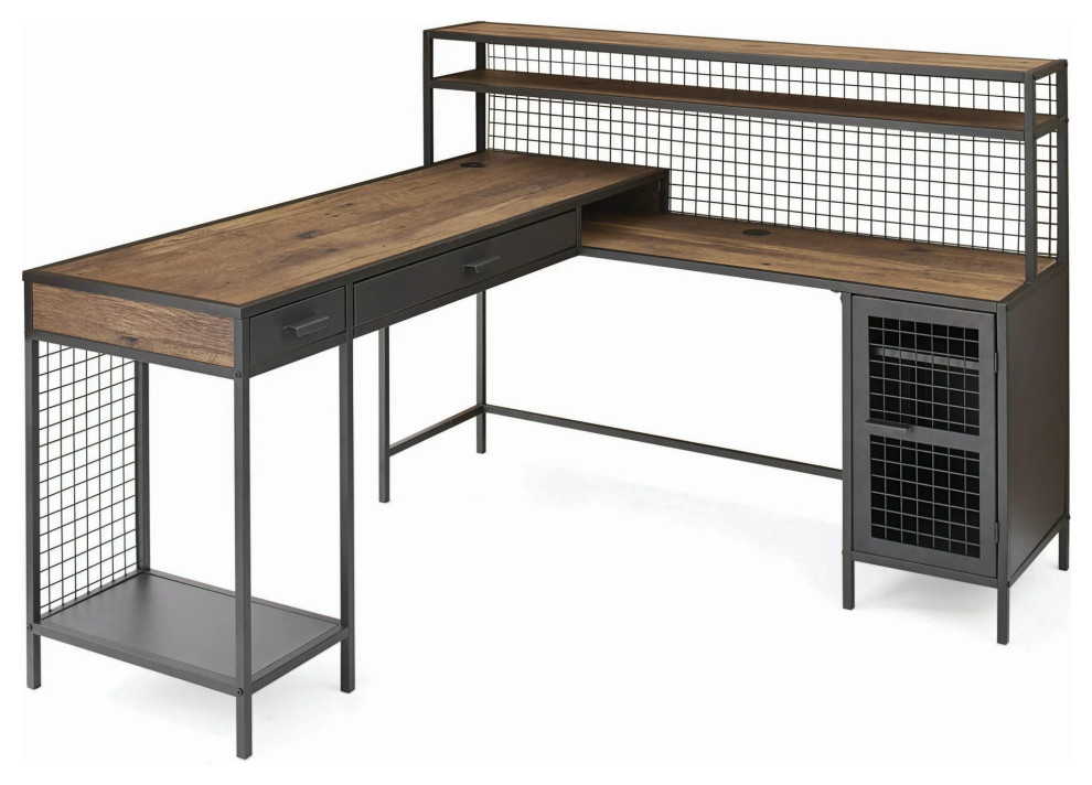 Industrial Desk, Metal Frame With Wooden Top & Storage Shelves, Vintage ...