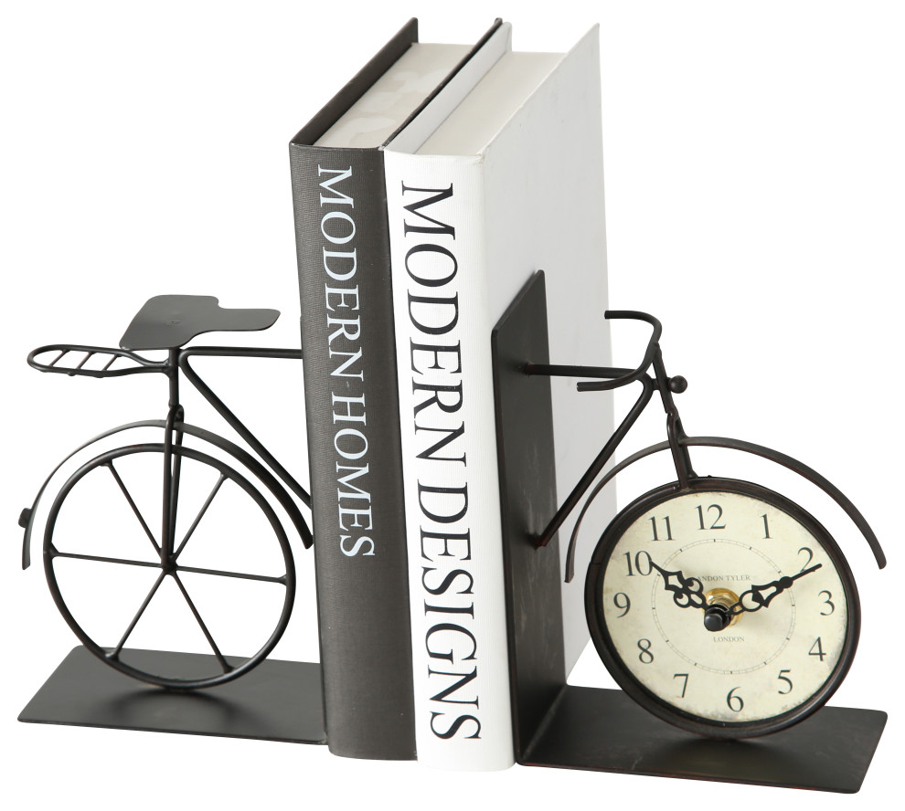 Industrial Chic Bicycle Bookends with Analog Clock - Contemporary ...
