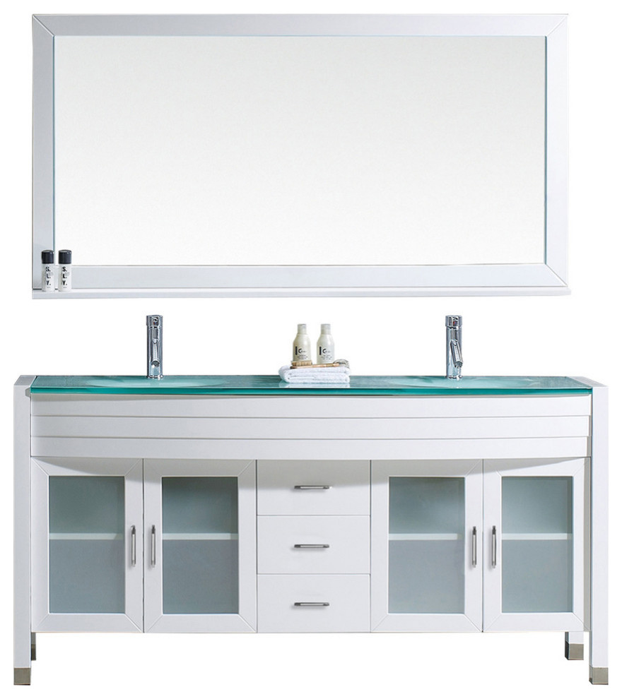 Ava 63"Double Bath Vanity, White, Aqua Tempered Glass Top, Sink, Faucet ...