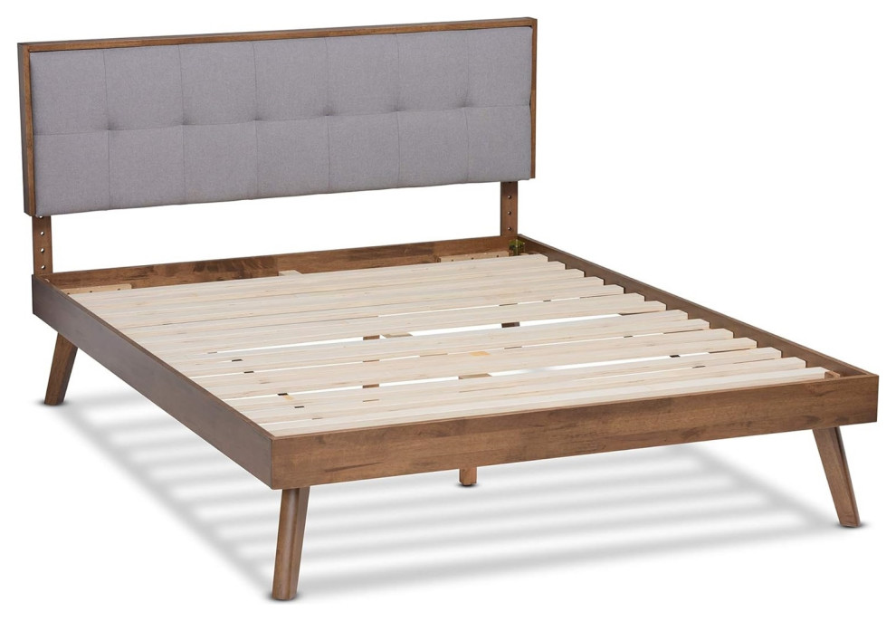 Light Grey/Walnut Queen Platform Bed with Angled Legs and Padded ...