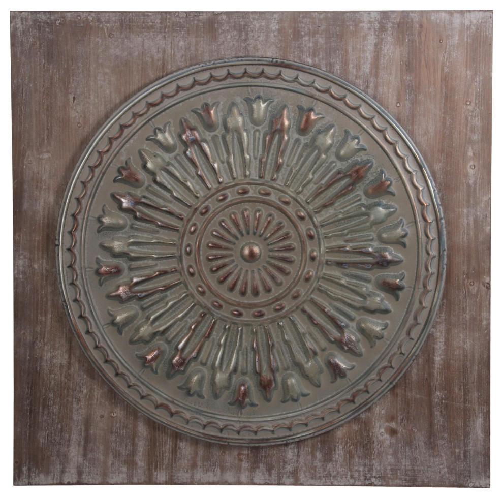 Wood and Metal Wall Decor with Embossed Medallion Design, Gray and ...
