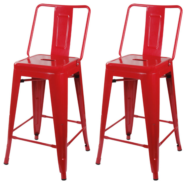 Metal Red Bar Stools With Middle Back, Set of 2 - Industrial - Bar ...