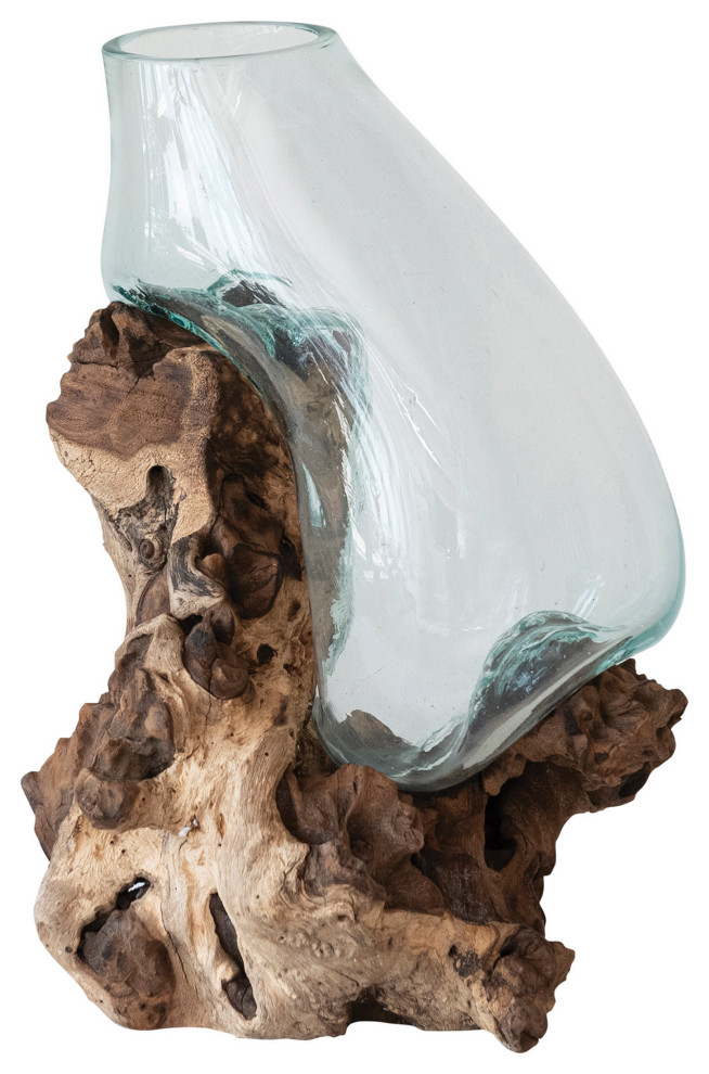 Reclaimed Glass Terrarium Vase on Wood Base, Clear and Natural - Rustic ...