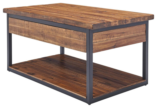 Rustic Coffee Table, Wood, Metal Base, Storage Drawers & Lower Shelf ...