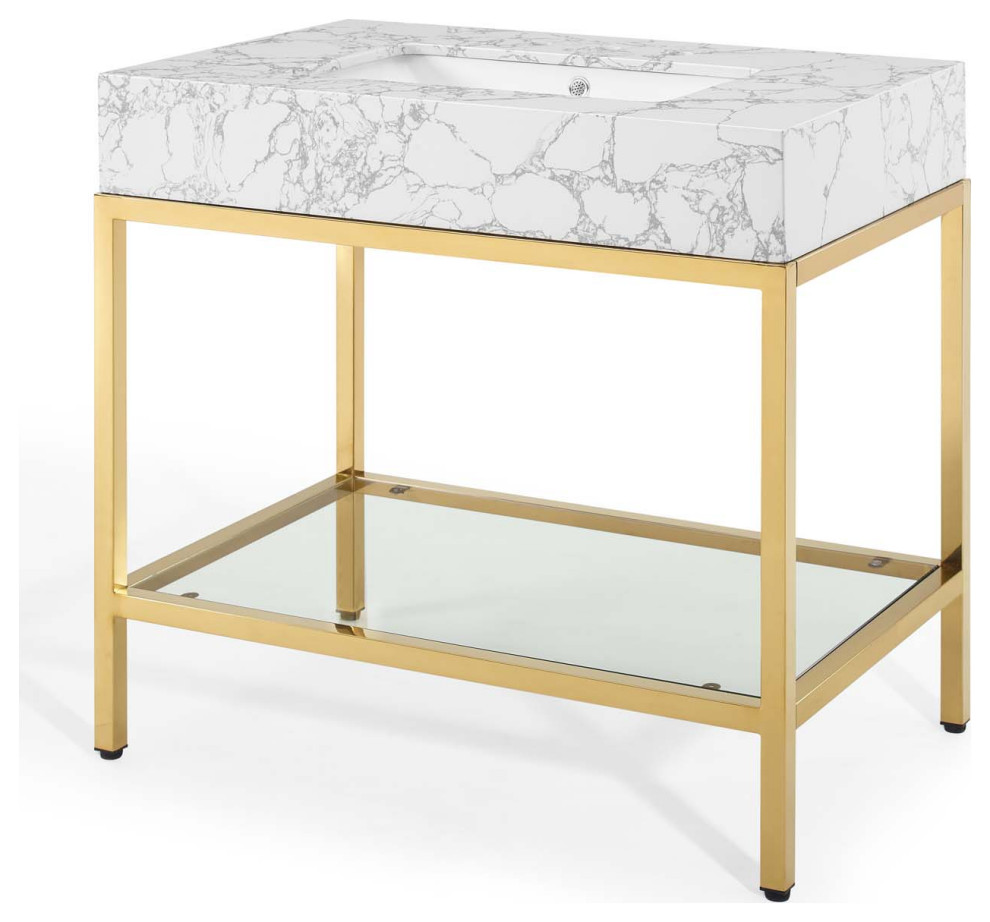 Sink Vanity Cabinet, Artificial Marble, Metal, Gold White, Modern ...