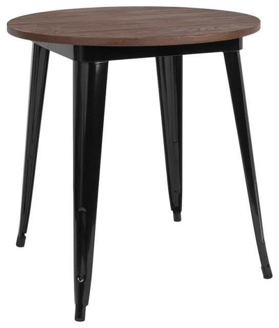 26" Round Metal Indoor Table With Walnut Rustic Wood Top, 26"x26"x30.5 ...
