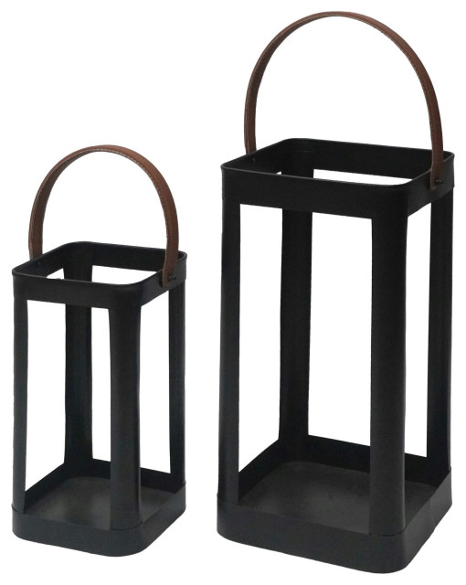 Metal, S/2 13/18"h Lanterns W/ Faux Leather Handle - Industrial ...