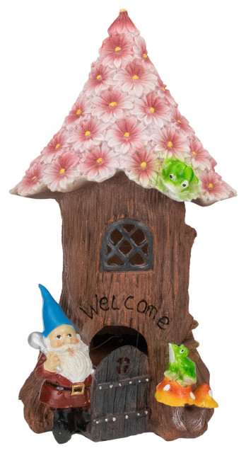 14" Solar Lighted Bless Our Home Gnome Tree House Outdoor Garden Statue ...
