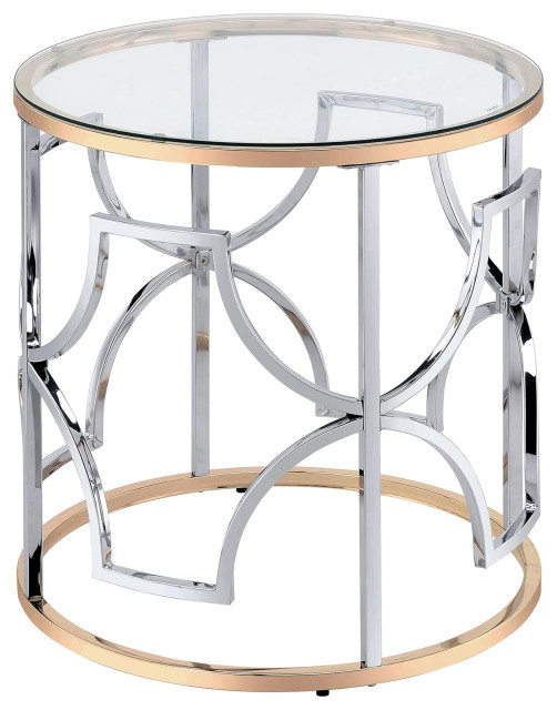 Elegant End Table, Cut Out Geometric Patterned Base With Glass Top ...
