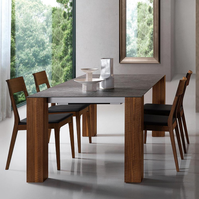 Thin Extension Dining Table Grey Ceramic Top and Walnut Legs ...