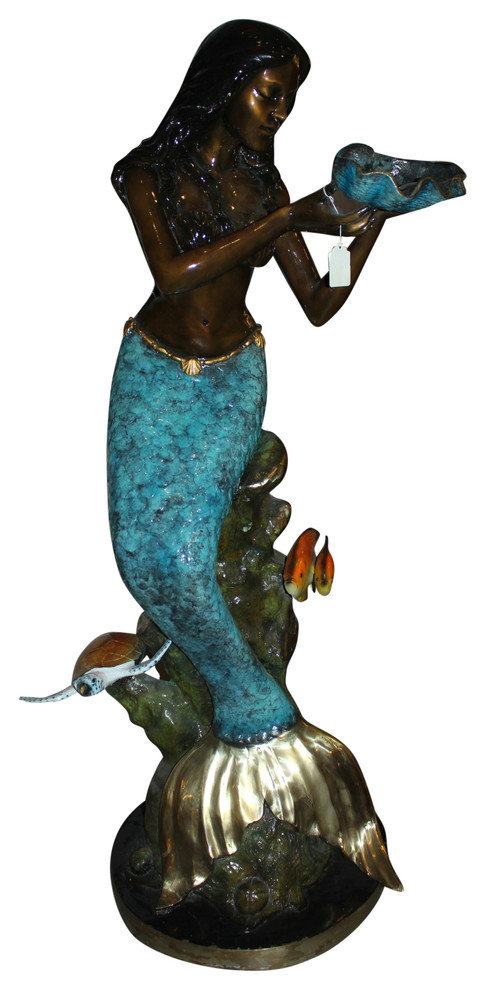 Mermaid holding shell W turtle fish Bronze fountain Art Nude 38" x 24 ...