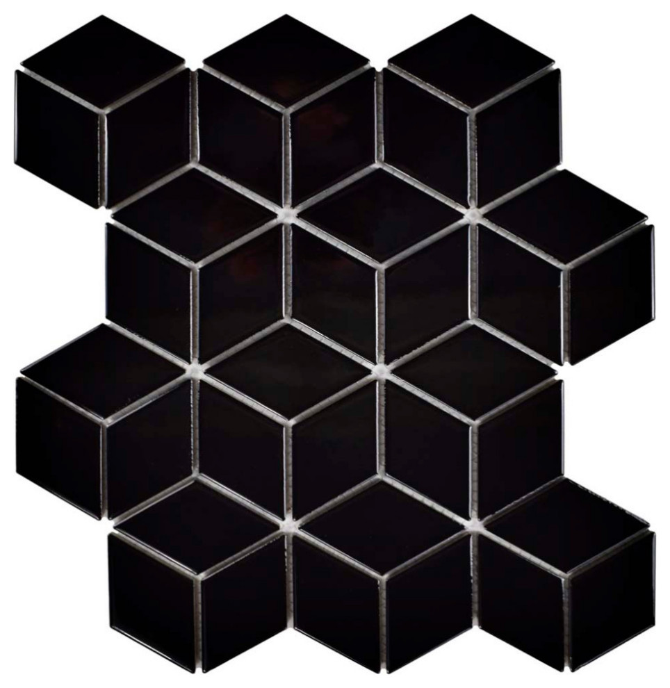Metro Rhombus Mosaic Floor and Wall Tile, Glossy Black, Sample ...