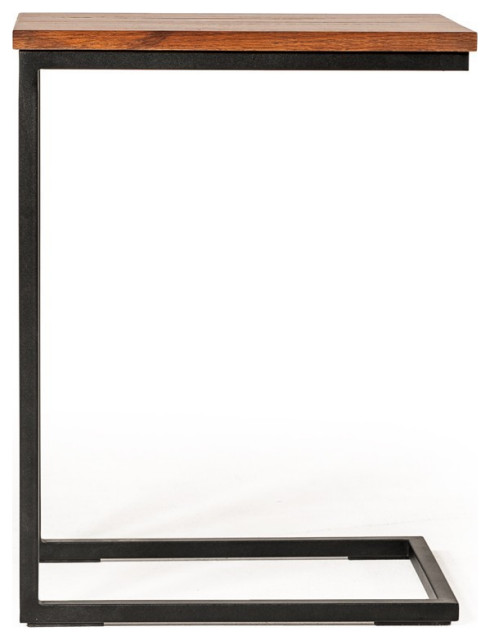 Modern Rustic Brown Aged Oak Wood and Metal C Shape Snack Table ...