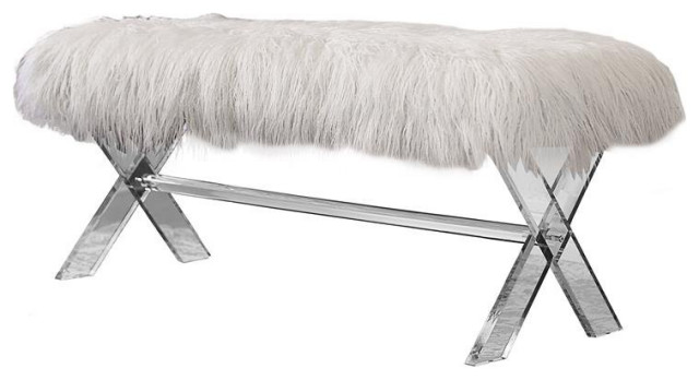 Vanity Bench with White Faux Fur and Crossed Clear Acrylic Legs ...