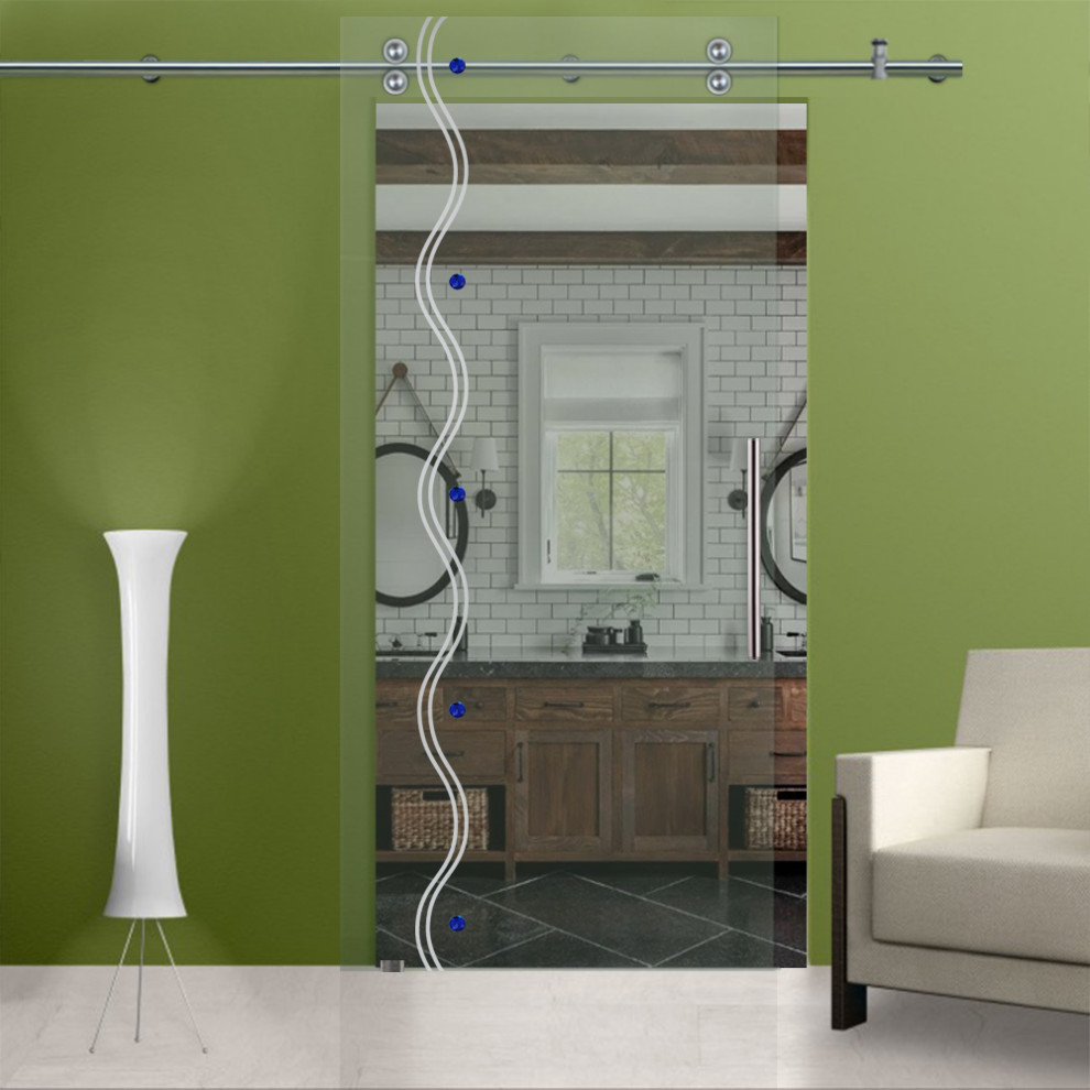 Sliding Barn Glass Door With Frosted Design & Faceted Stone V2000, 40 ...