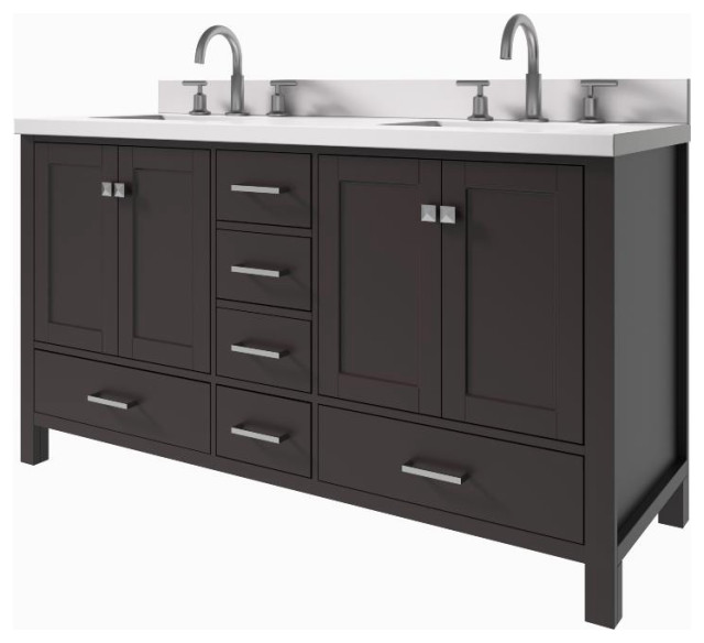 Cambridge Espresso 61" Double Rectangle Sink Vanity With White Quartz ...
