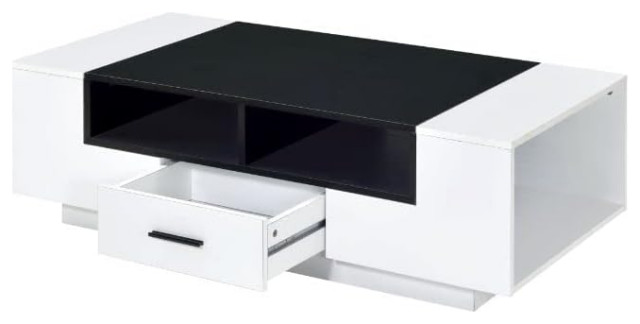 Modern Coffee Table, Multiple Open Compartments & Center Drawer, Black ...