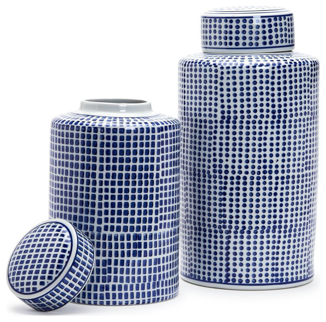 Two's Company Set of 2 Blue & White Covered Decorative Jars ...