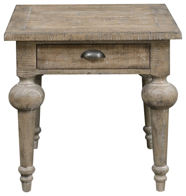 Rustic End Table, Bold Turned Legs With Square Plank Top & Storage ...