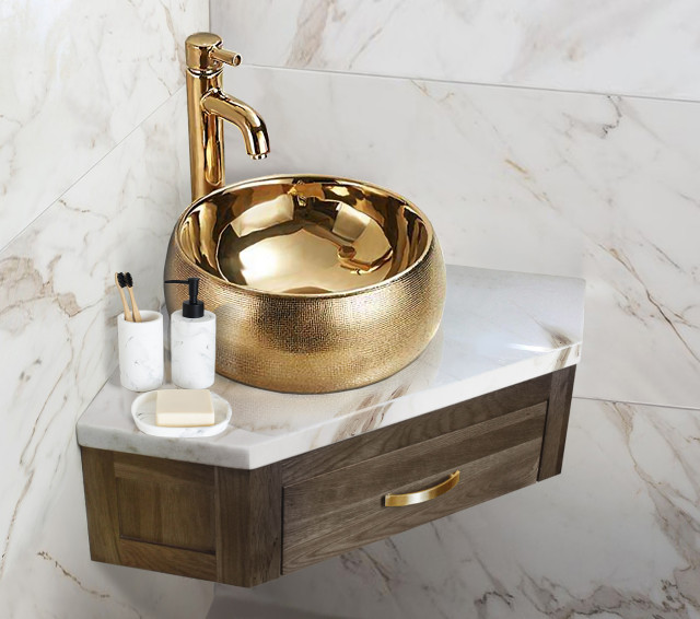Round Vessel Sink 15-3/4" Gold Geometric Design - Contemporary ...