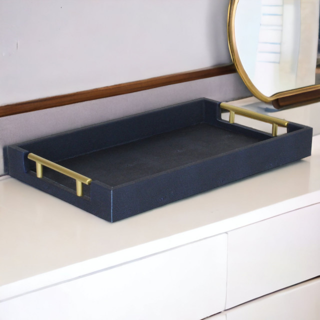 Navy Blue Faux Shagreen Tray with Handles - Contemporary - Serving ...