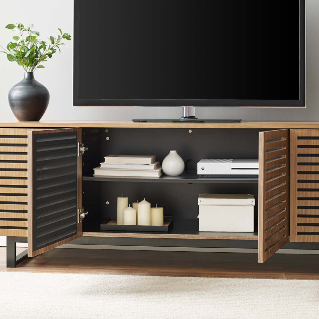 Media TV Stand Console Table, Rectangular, Wood, Metal, Brown Walnut ...