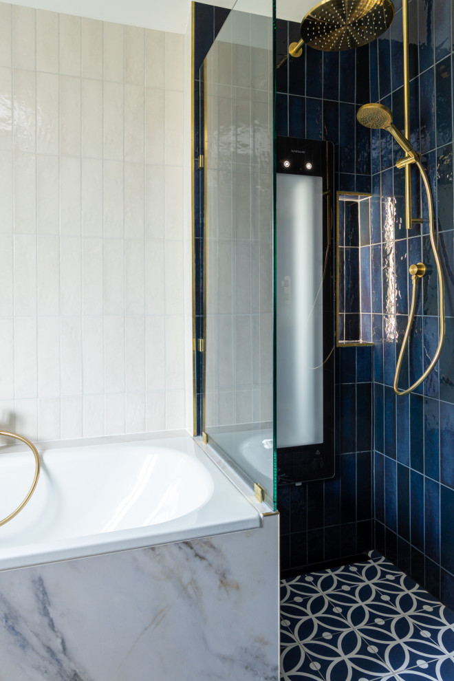 Deep Blue Bathroom with Brushed Brass | Prestwich Project by ALFA Tiles ...