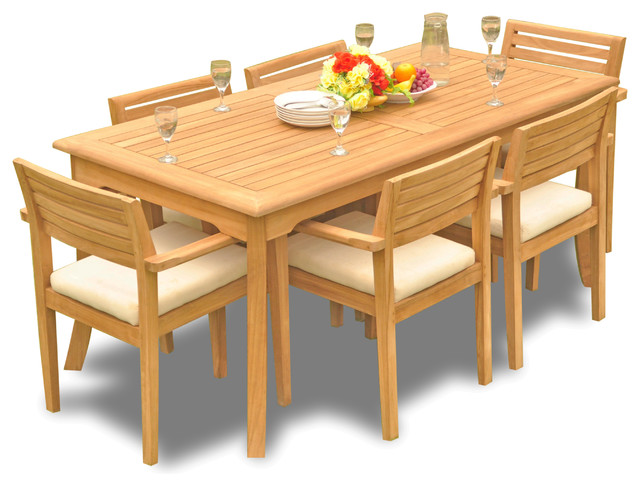 7-Piece Outdoor Teak Dining Set, 71" Rectangle Table, 6 Montana Stacking Chairs - Transitional ...
