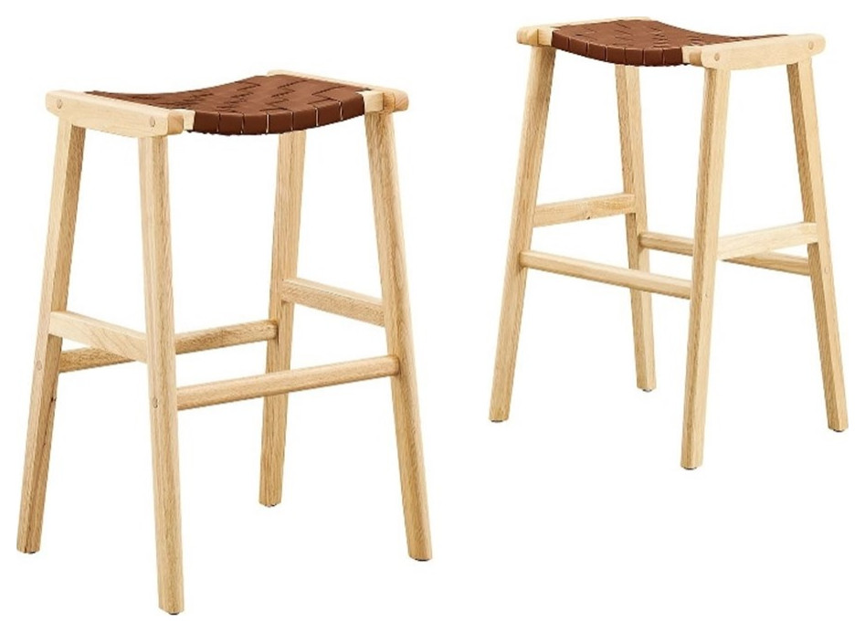 Modway Saoirse 29.5" Faux Leather & Wood Bar Stool in Natural/Brown (Set of 2) - Bar Stools And ...