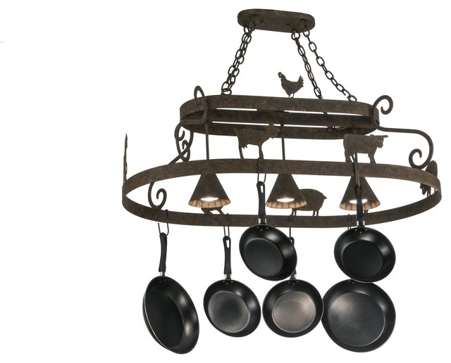 46L Barn Animals W/Downlights Pot Rack - Farmhouse - Pot Racks And ...
