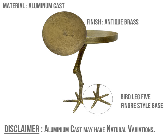 19" Side Table Antique Brass Aluminum Cast Round Top Textured Crane Leg ...