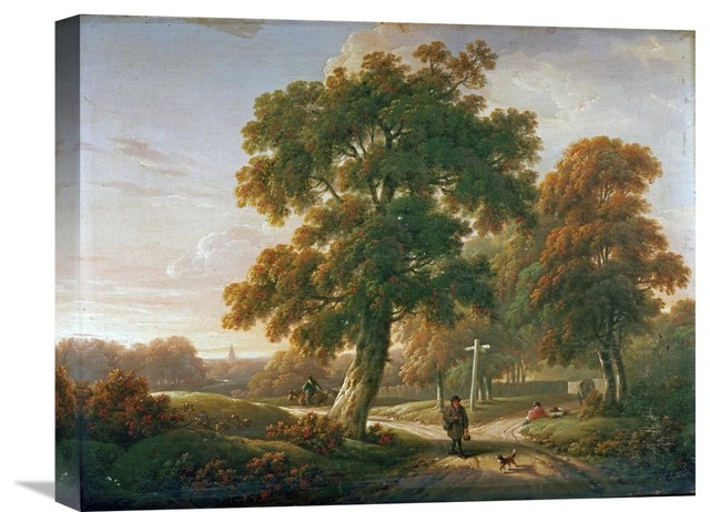 "Travellers at a Crossroads In a Wooded Landscape" Artwork, 22" x 17. ...