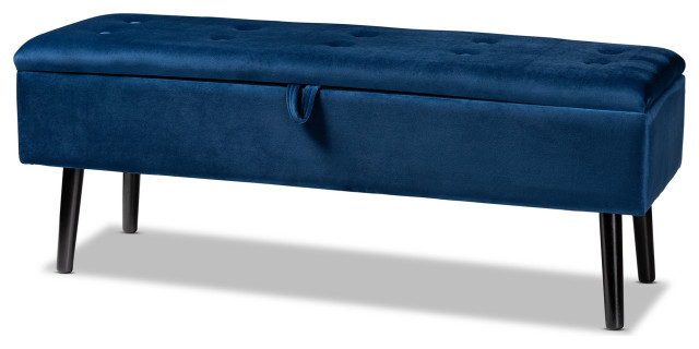 Caine Navy Blue Velvet Fabric Upholstered Dark Brown Finished Wood ...