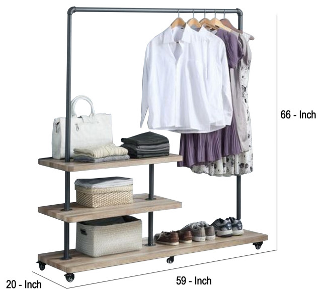 Benzara BM268988 Hanger Rack With 3 Tier Storage and Tubular Frame ...