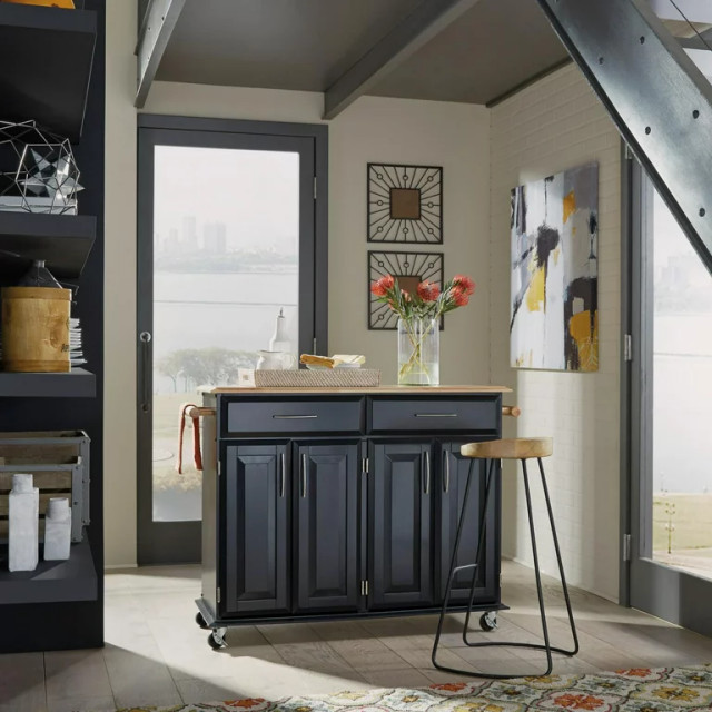 Contemporary Kitchen Cart, Natural Wood Top & Cabinets With Curved ...