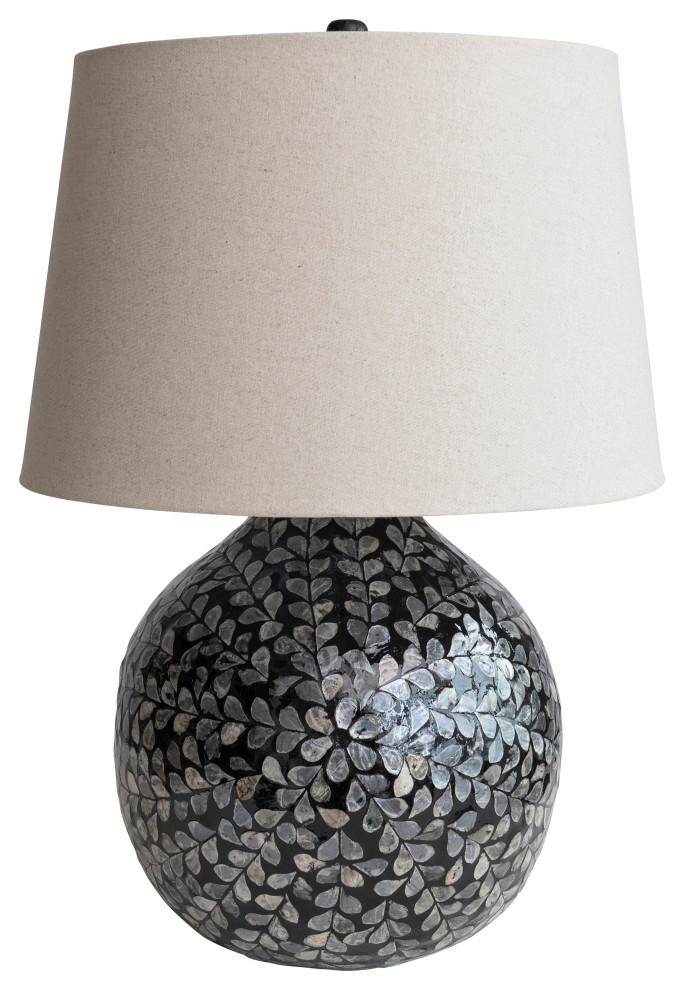 Capiz Sphere Table Lamp With Floral Design and Linen Shade, Multicolor ...
