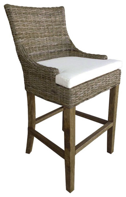 Home Square Rattan and Wood Barstool in Kubu Gray - Set of 3 - Tropical ...