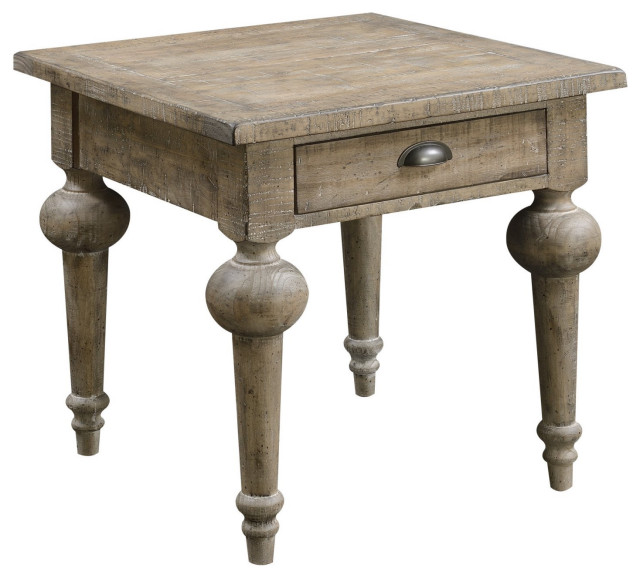 Rustic End Table, Bold Turned Legs With Square Plank Top & Storage ...