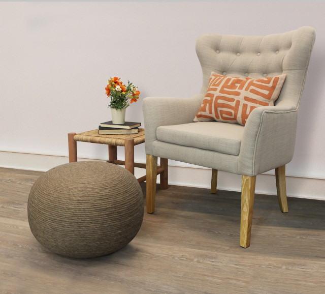 Ellie Round Pouf in Beige Wool With Polyester Filling - Transitional ...