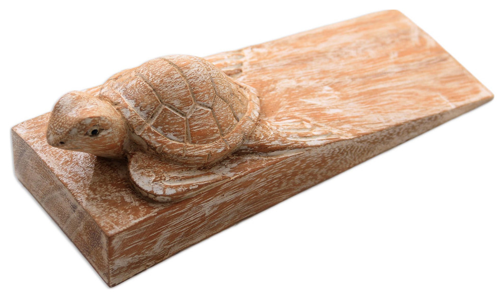 Handmade Distressed Baby Turtle Wood Door Stopper - Beach Style - Door ...