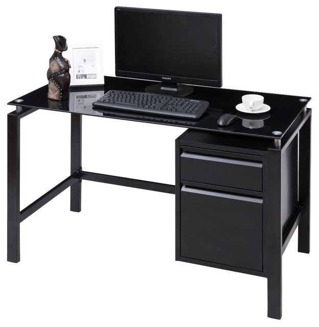 Glass Top Metal Frame Computer Desk With Drawers - Transitional - Desks ...