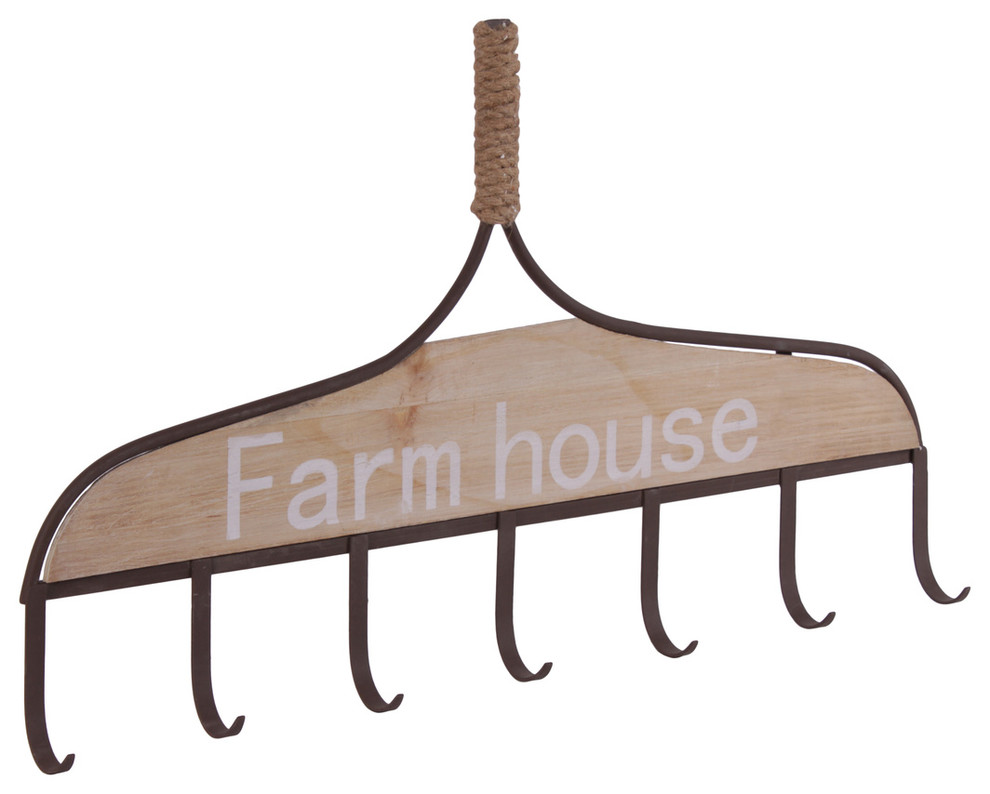 Metal Rake Design 7 Hooks Hanger With "Farm house" Label, Black and ...