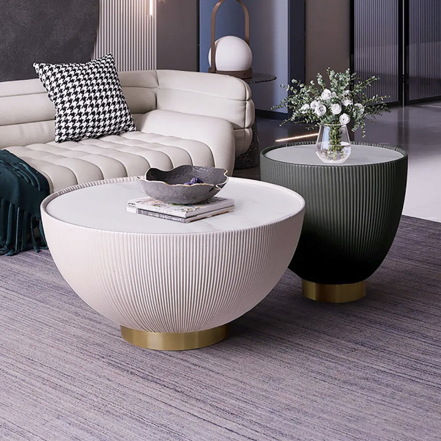 Modern Beige & Gray Drum Sintered Stone Round PU-Leather Coffee Table ...