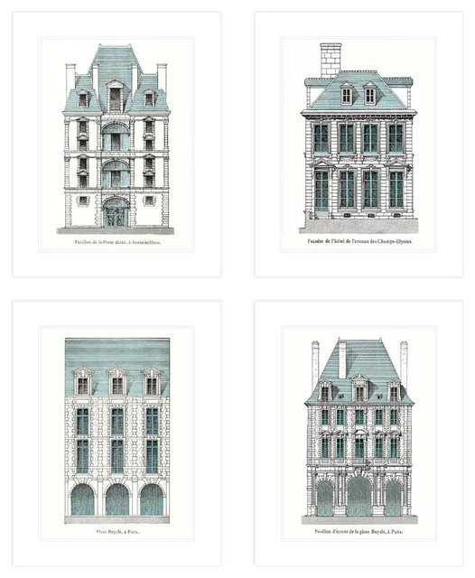 Set of 4, French Architectural Illustrations with Blue Detailing 8"x10 ...
