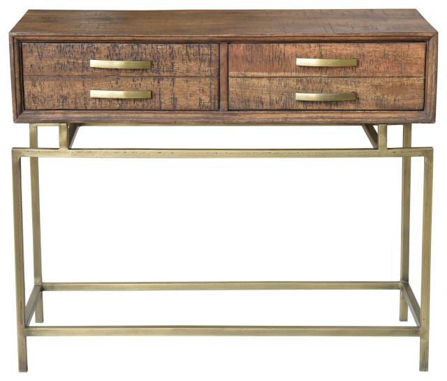 Goldbust Solid Wood Console Table in Natural with Brass-Finished Iron ...