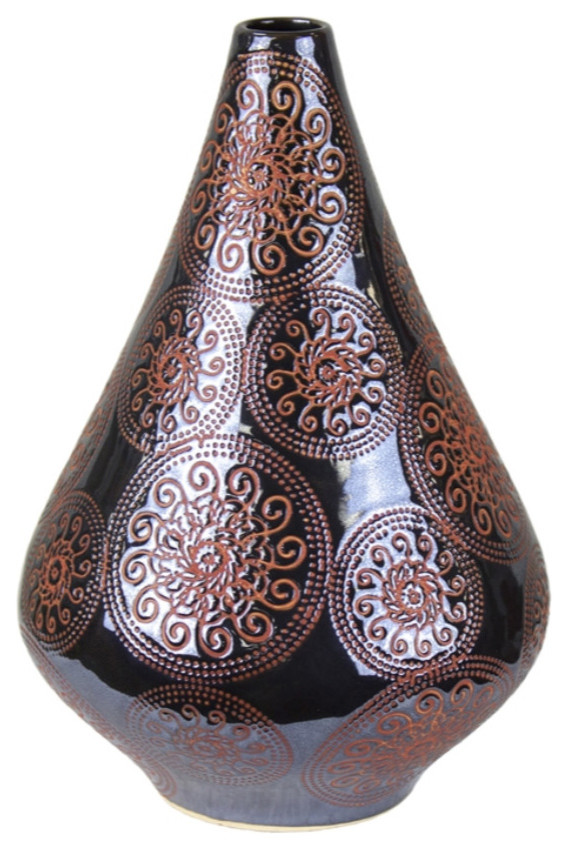 Unique Shaped Ceramic Patterned Vase, Black And Orange - Mediterranean ...